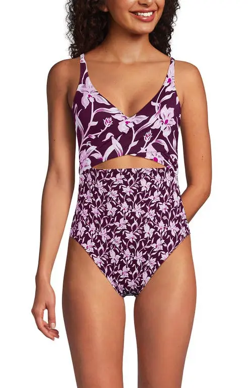 LANDS' END Wrap Monokini One Piece Swimsuit - Daylily Red Tossed Floral