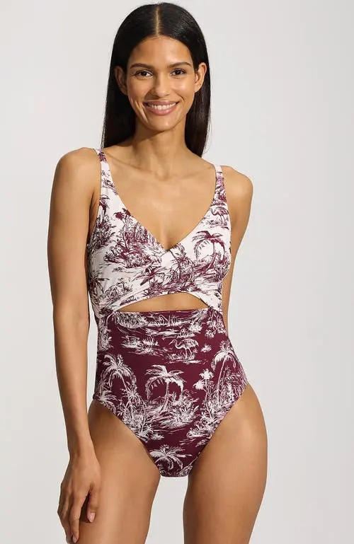 LANDS' END Wrap Monokini One Piece Swimsuit - Egret/burgundy Scenic Mix