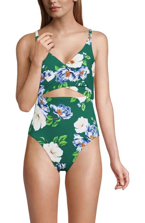 LANDS' END Wrap Monokini One Piece Swimsuit - Island Emerald Petunia Floral