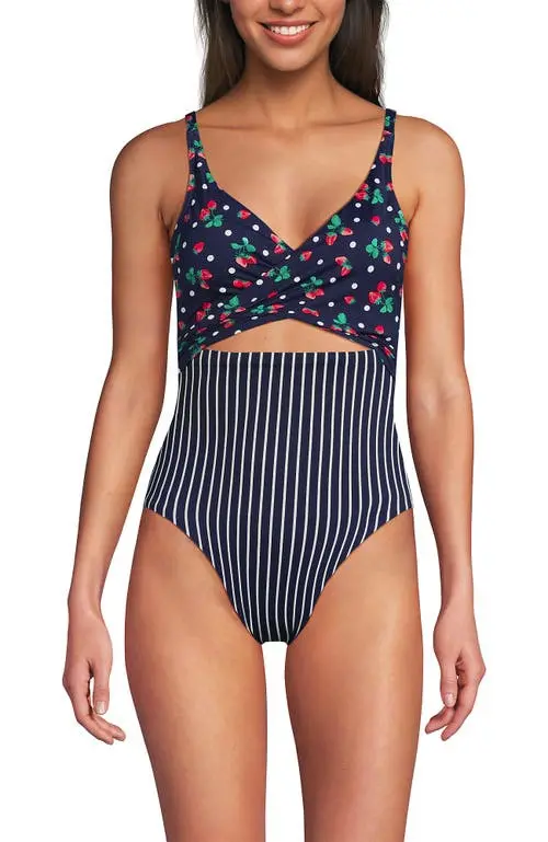 LANDS' END Wrap Monokini One Piece Swimsuit - Navy Berry Dot/stripe Mix