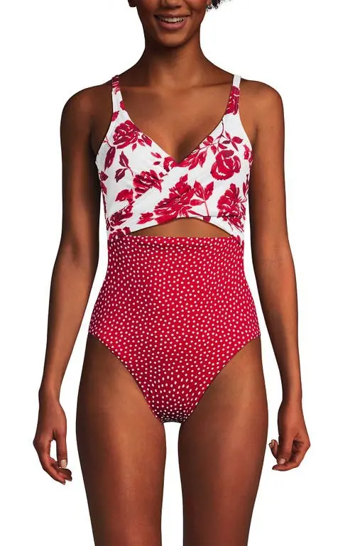 LANDS' END Wrap Monokini High Leg One Piece Swimsuit - Red Dot/red Graphic Floral