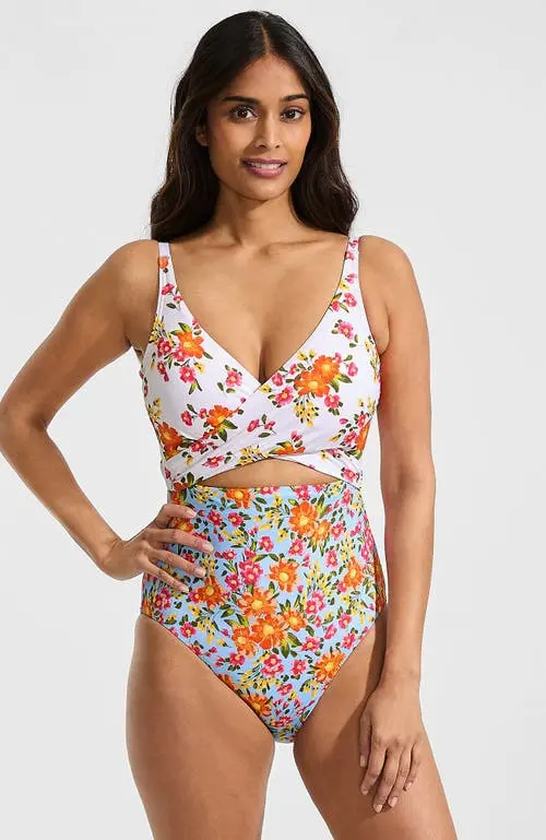 LANDS' END Wrap Monokini One Piece Swimsuit - White/blue Spring Floral