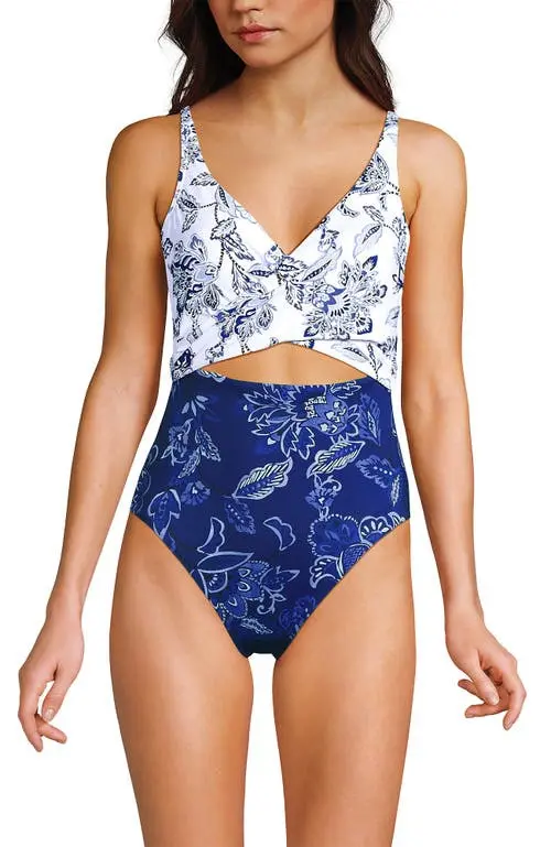 LANDS' END Wrap Monokini One Piece Swimsuit - White/blue Vintage Floral Mix