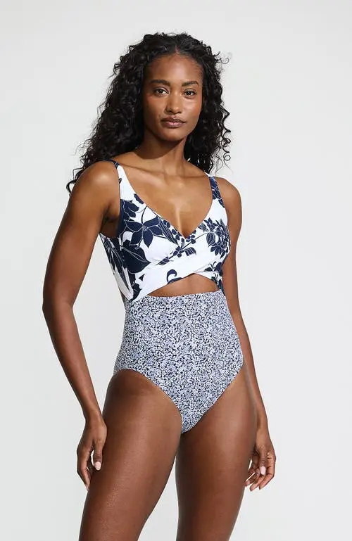 LANDS' END Wrap Monokini High Leg One Piece Swimsuit - White/deep Sea Navy Lilies Mix
