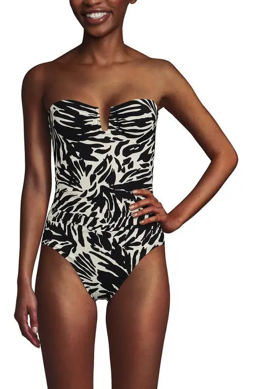 LANDS' END Slendersuit Bandeau One-piece Swimsuit - Black/egret White Leaf Scroll