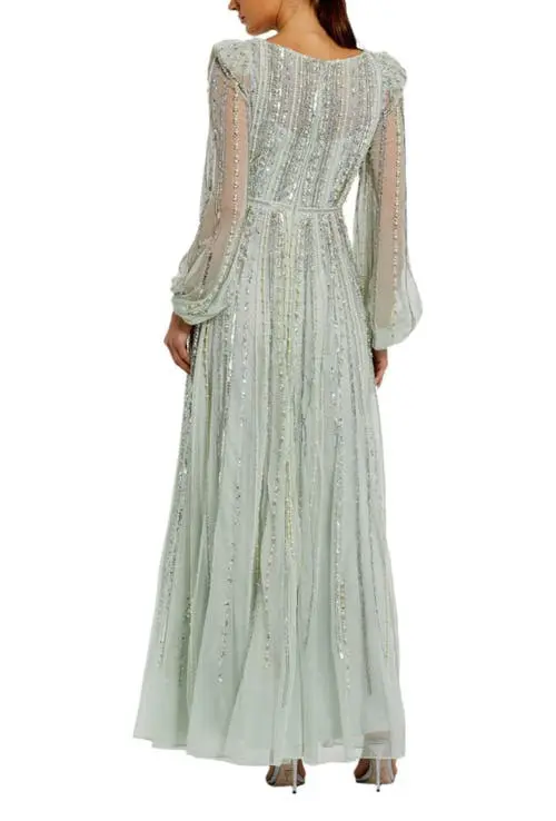 Mac Duggal Embellished Long Sleeve A-line Gown - Mint