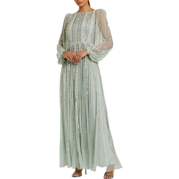 Mac Duggal Embellished Long Sleeve A-line Gown - Mint