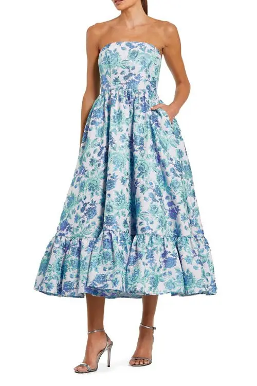 Mac Duggal Floral Brocade Strapless Midi Dress - Blue Multi