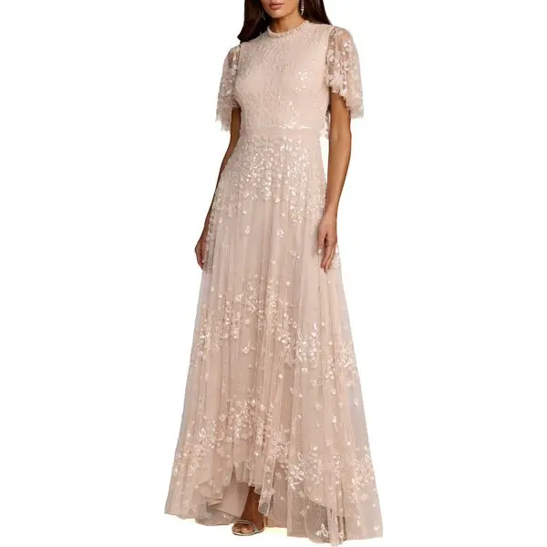 Mac Duggal Sequined High Neck A-line Gown - Blush