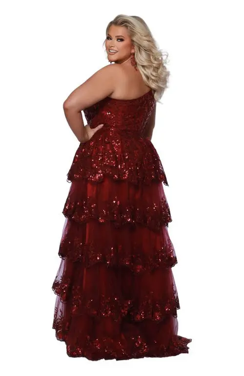 Sydney'S Closet One-Shoulder Tiered A-Line Gown - Burgundy | Editorialist