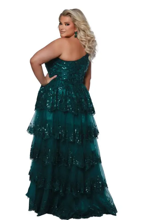 SYDNEY'S CLOSET One-shoulder Tiered A-line Gown