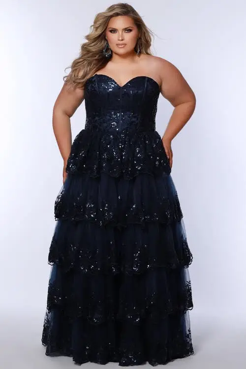 SYDNEY'S CLOSET Sweetheart Neckline Tiered A-line Gown - Navy