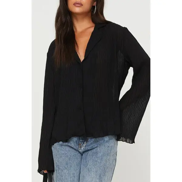 Princess Polly Selma Crinkle Button-up Top - Black