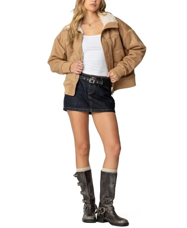 EDIKTED Faux Suede Shearling Bomber Jacket