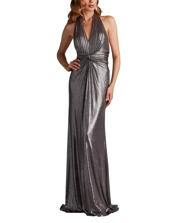 Tadashi Shoji Mona Pleated Metallic Halter Gown Silver