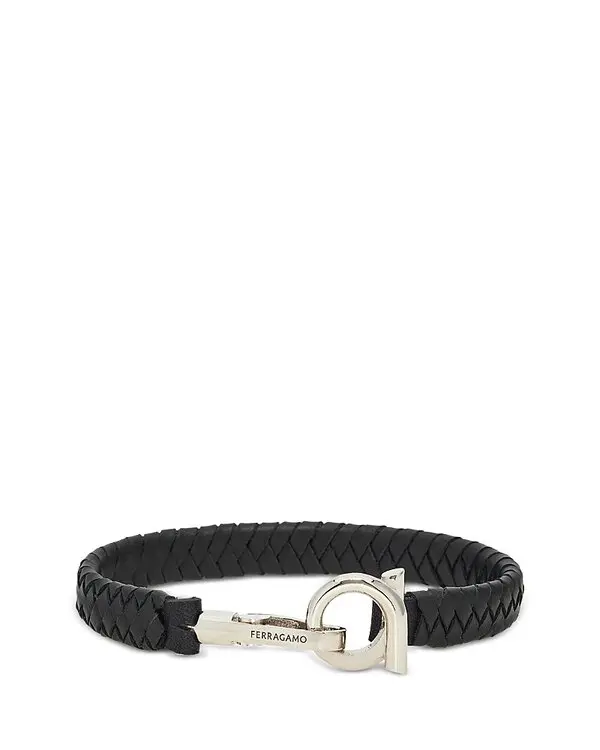 FERRAGAMO Braided Leather And Brass Bracelet - Black