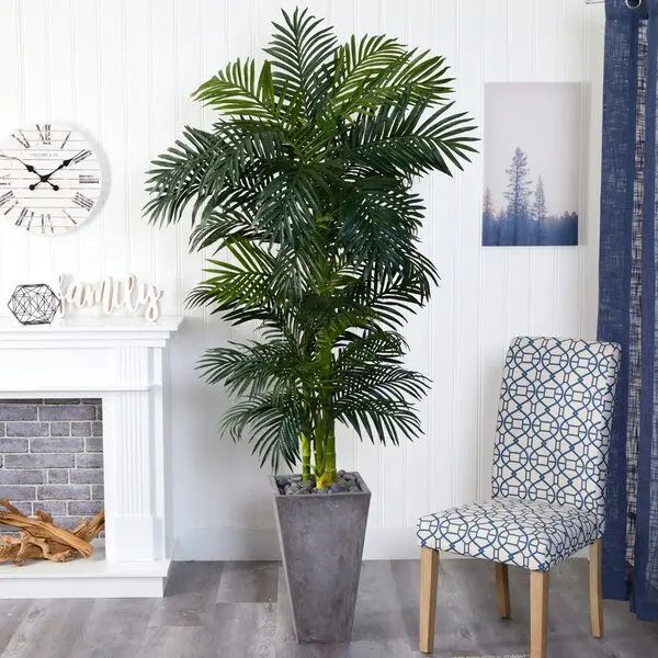 NEARLY NATURAL 7' Golden Cane Artificial Palm Tree In Cement Planter