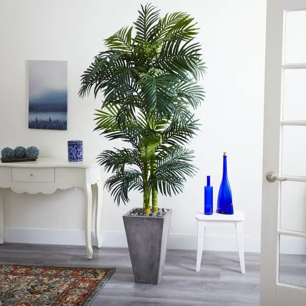 NEARLY NATURAL 7' Golden Cane Artificial Palm Tree In Cement Planter