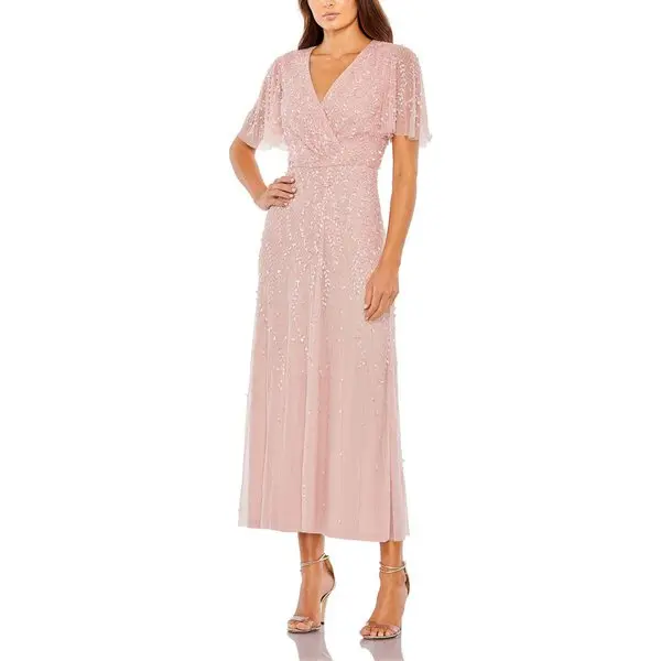 Mac Duggal Beaded Butterfly Sleeve Wrap Dress - Rose
