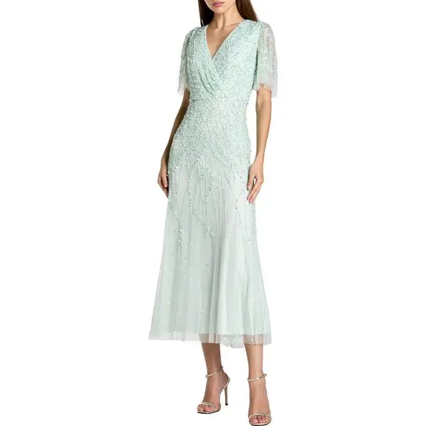 Mac Duggal Beaded Butterfly Sleeve Wrap Dress - Seafoam