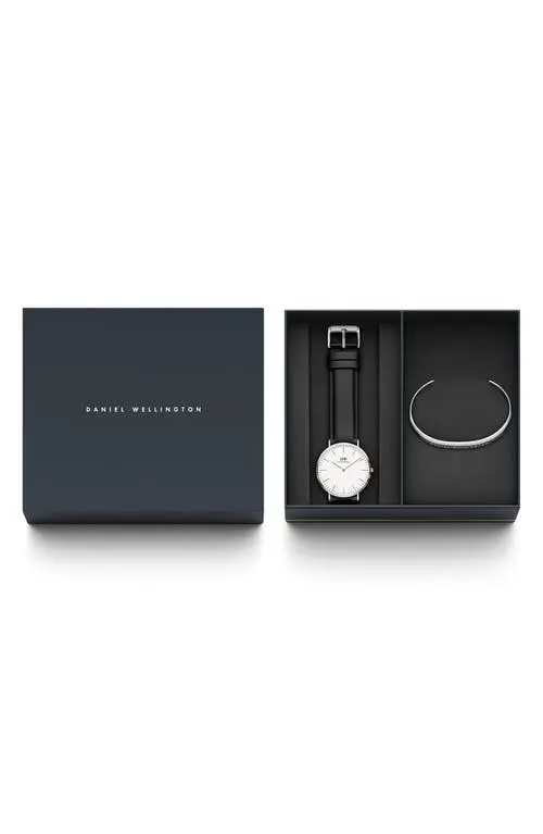 DANIEL WELLINGTON Timex® Leather Strap Watch & Cuff Bracelet Set - Stainless Steel