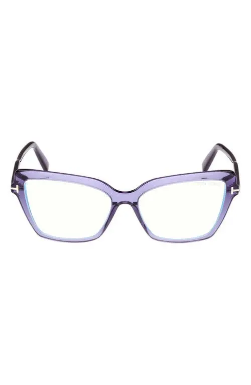 TOM FORD 55mm Cat Eye Optical Glasses - Violet / T Logo / Blue Block