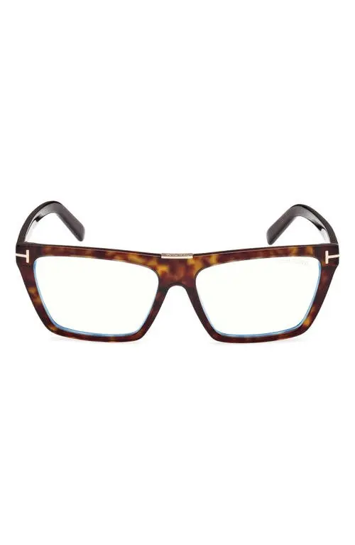TOM FORD 57mm Square Blue Light Blocking Eyeglasses - Havana Eco / T Logo