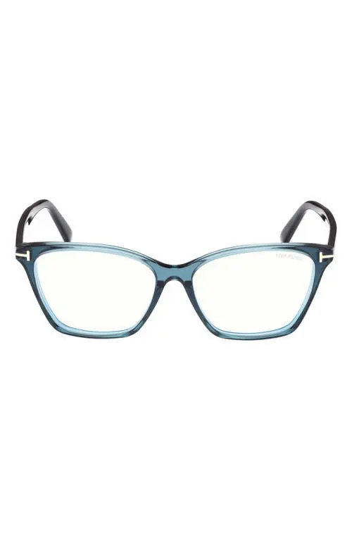 TOM FORD 56mm Cat Eye Optical Glasses - Teal / T Logo / Blue Block