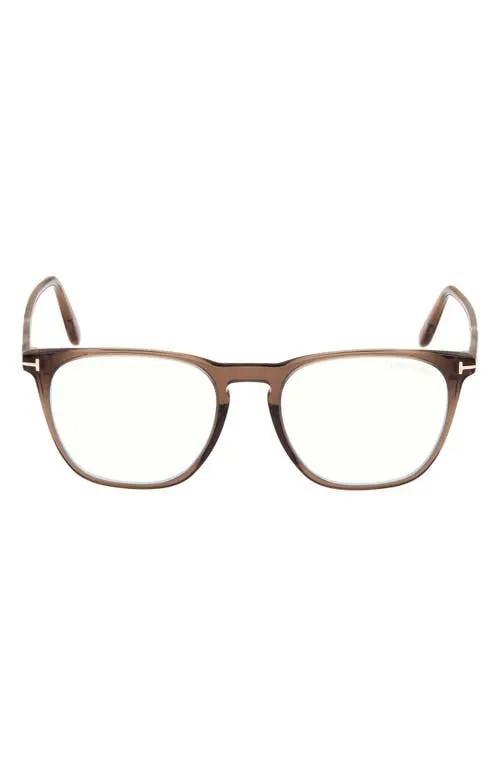 TOM FORD 52mm Round Frame Optical Glasses - Brown / T Logo / Blue Block