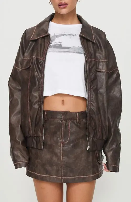 Princess Polly Tanza Faux Leather Bomber Jacket - Brown / Red