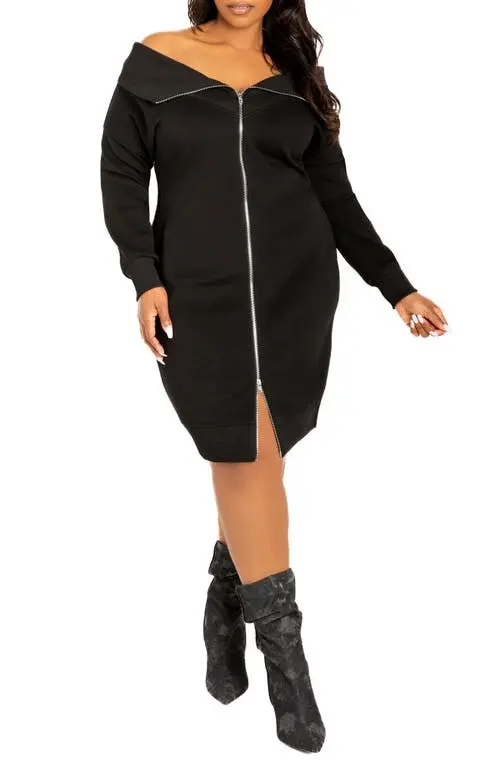 BUXOM COUTURE Off-the-shoulder Zip-up Sweater Dress