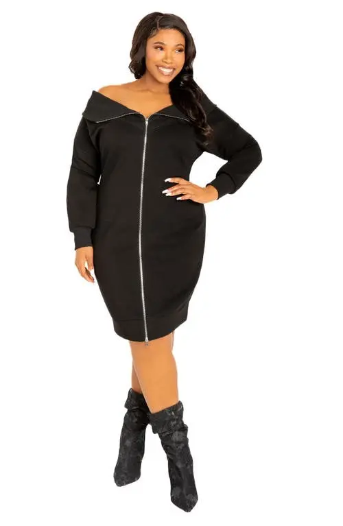 BUXOM COUTURE Off-the-shoulder Zip-up Sweater Dress