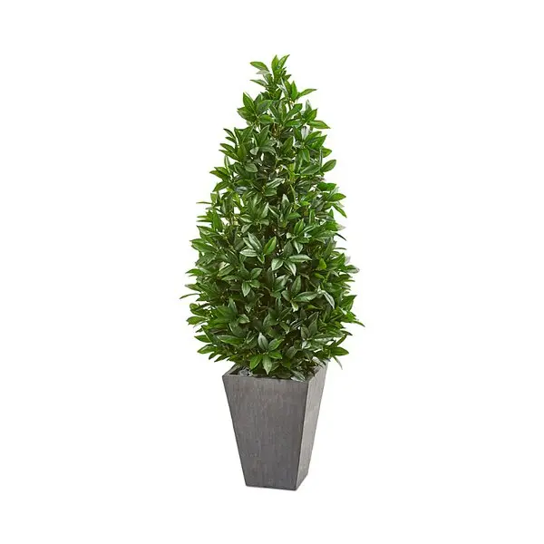 NEARLY NATURAL 57 Bay Leaf Cone Topiary Tree In Slate Planter Uv Resistant - Green