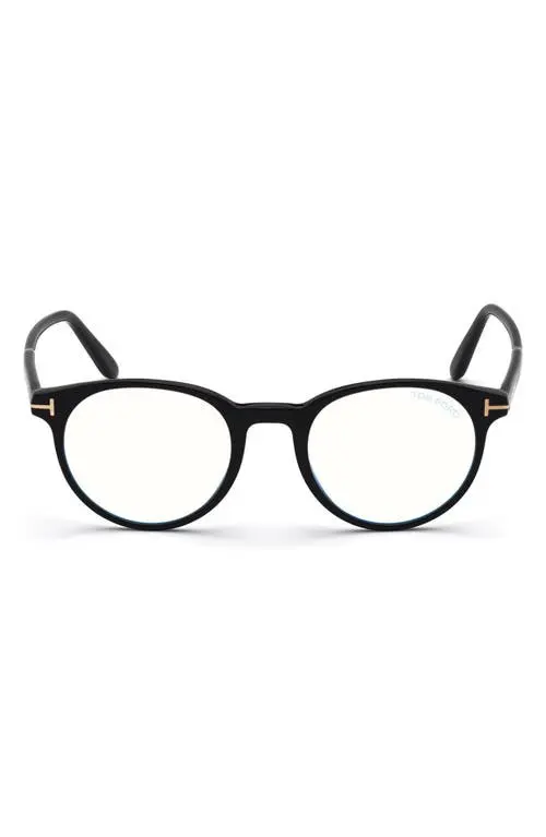 TOM FORD 49mm Round Frame Eyeglasses - Shiny Black / Blue Block