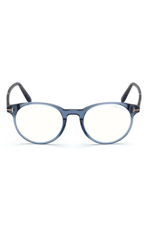 TOM FORD 49mm Round Frame Eyeglasses - Shiny Blue / Blue Block
