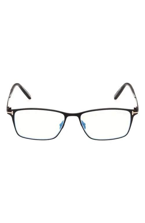 TOM FORD 54mm Rectangular Eyeglasses - Black / T Logo / Blue Block
