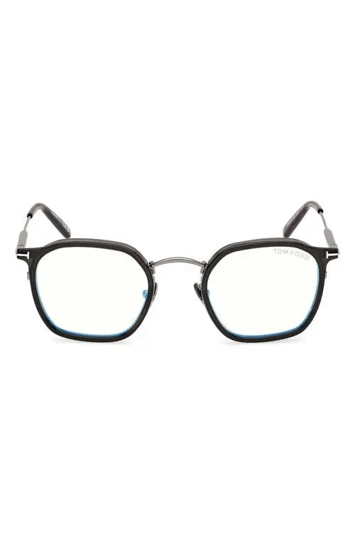 TOM FORD 50mm Round Frame Blue Light Blocking Glasses - Gunmetal Havana / T Logo