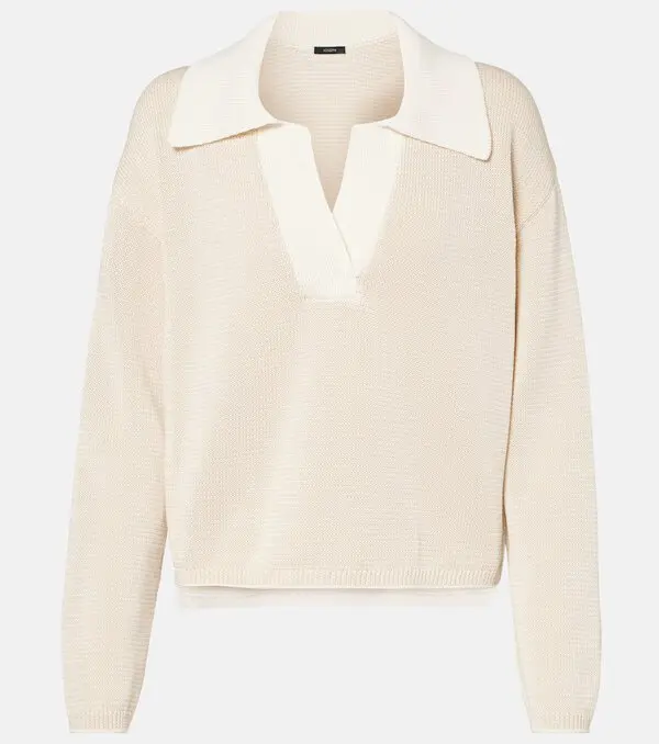 JOSEPH Striped Cotton Polo Sweater - Beige