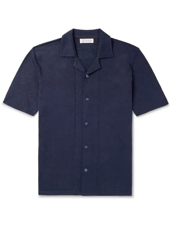 Brunello Cucinelli Camp-collar Slub Linen And Cotton-blend Shirt - Blue
