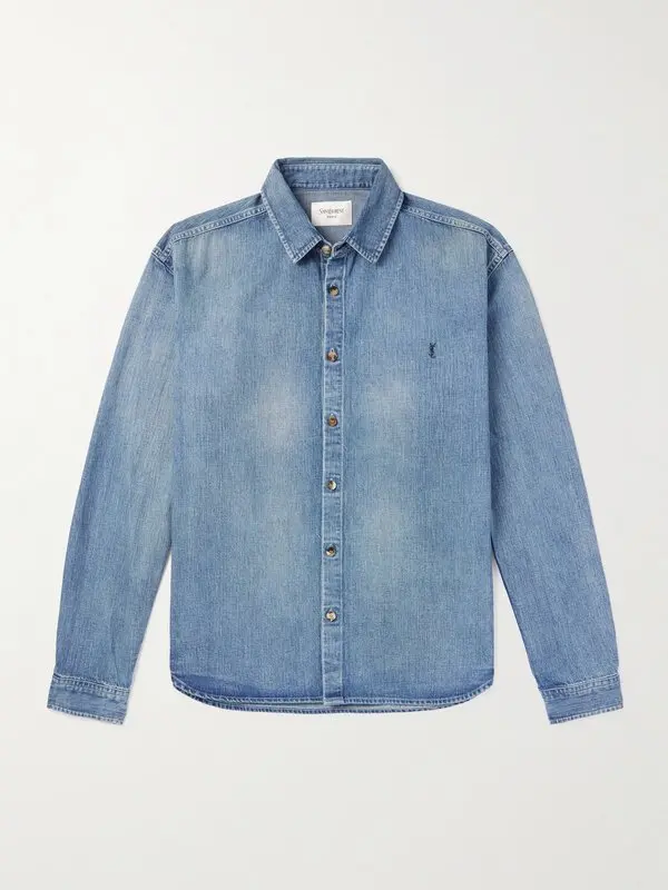 Saint Laurent Logo-embroidered Denim Shirt - Blue