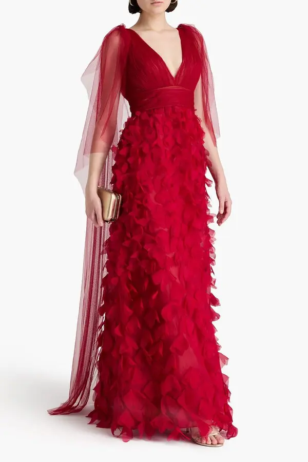 Marchesa Appliquéd Plissé Tulle And Organza Gown