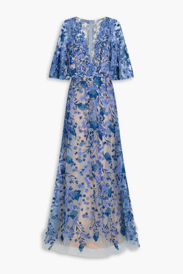 Marchesa Embroidered Tulle Gown In Blue - 50% Off | Editorialist