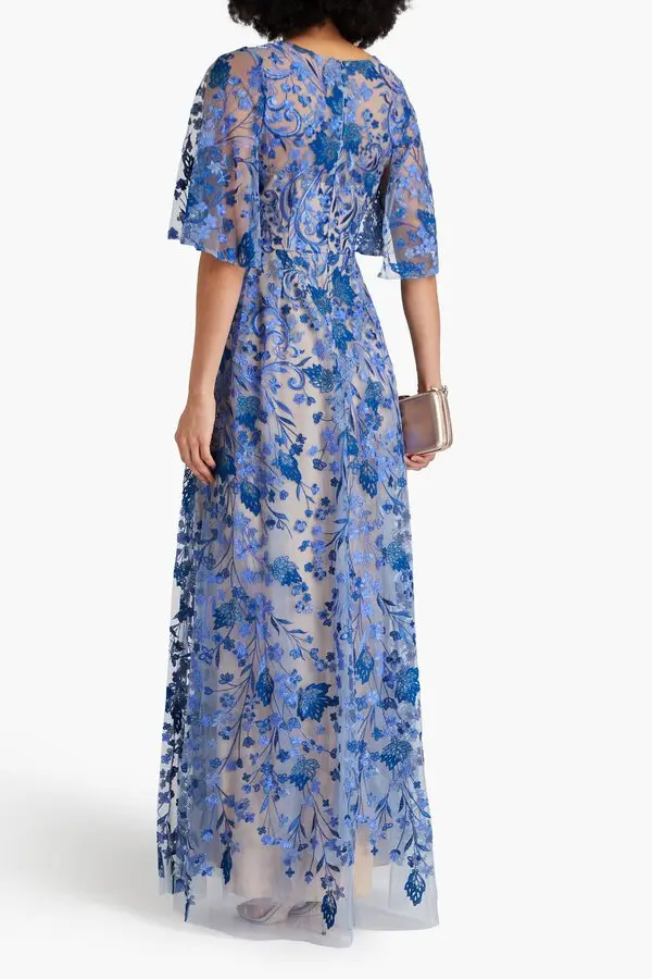marchesa notte blue embroidered dress Marchesa Notte Floral Embellished Satin 3/4 Sleeve Dress (Teal) – The  Closet New York