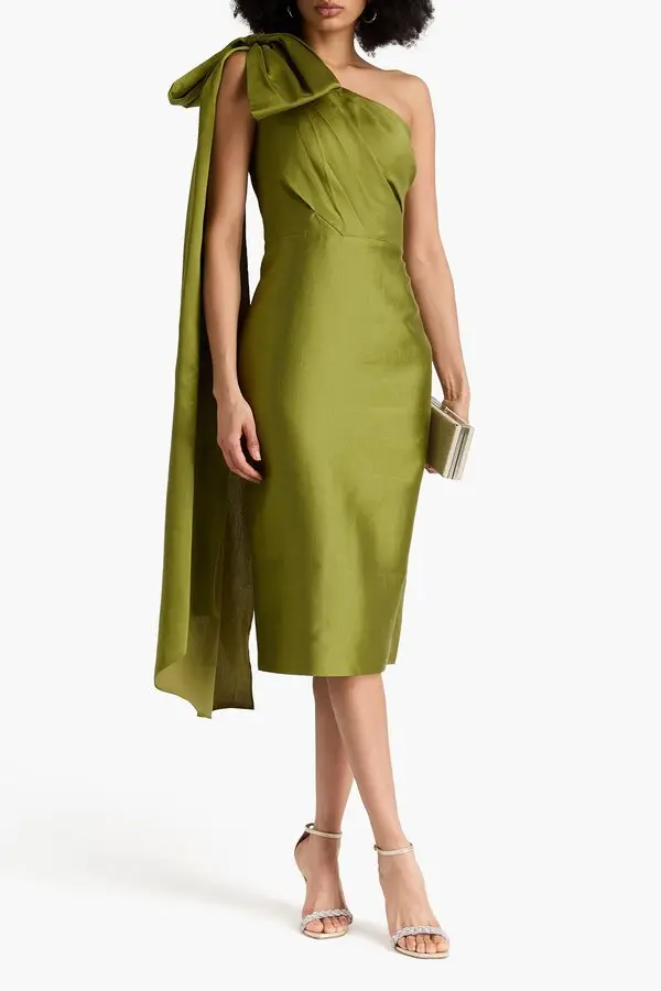 Buy Marchesa One-shoulder Satin-twill Midi Dress With Bow Detail - Leaf  Green At 64% Off | Editorialist