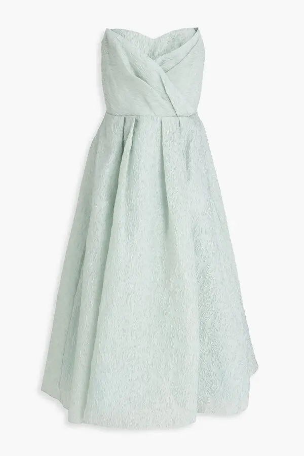 Marchesa Strapless Pleated Cloqué Midi Dress - Mint