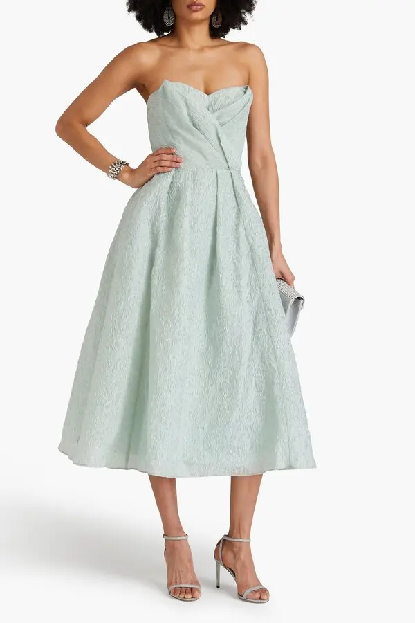 Marchesa Strapless Pleated Cloqué Midi Dress - Mint