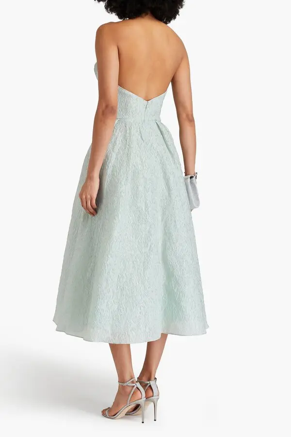 Marchesa Strapless Pleated Cloqué Midi Dress - Mint