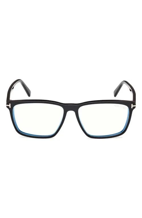 TOM FORD 56mm Square Frame Blue Light Blocking Eyeglasses - Black Eco / T Logo