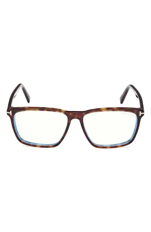 TOM FORD 56mm Square Frame Blue Light Blocking Eyeglasses - Havana Eco / T Logo