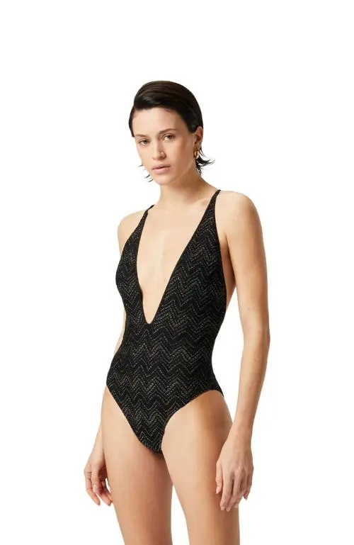 Missoni V-neck Zig Zag Lamé Viscose One-piece Swimsuit - Black & Lamé